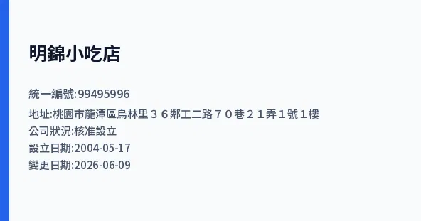 明錦小吃店的照片-統編 99495996(桃園市) 公司登記資料與營業項目詳細圖表