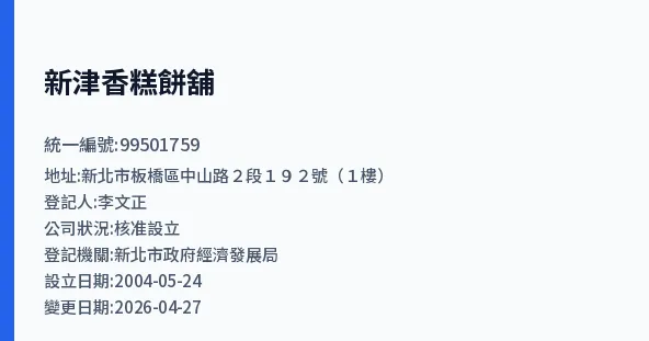 新津香糕餅舖的照片-統編 99501759(新北市) 公司登記資料與營業項目詳細圖表