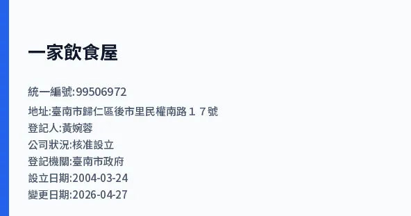 一家飲食屋的照片-統編 99506972(臺南市) 公司登記資料與營業項目詳細圖表