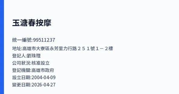 玉溏春按摩的照片-統編 99511237(高雄市) 公司登記資料與營業項目詳細圖表