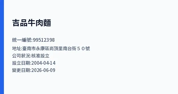 吉品牛肉麵的照片-統編 99512398(臺南市) 公司登記資料與營業項目詳細圖表