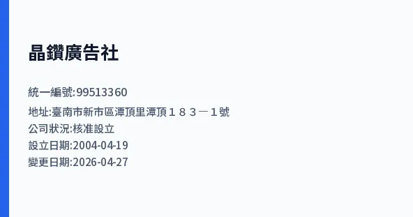 晶鑽廣告社的照片-統編 99513360(臺南市) 公司登記資料與營業項目詳細圖表