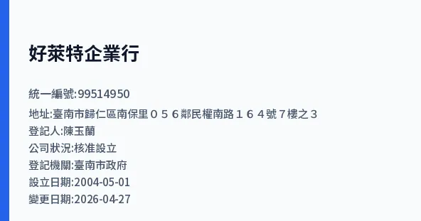 好萊特企業行的照片-統編 99514950(臺南市) 公司登記資料與營業項目詳細圖表