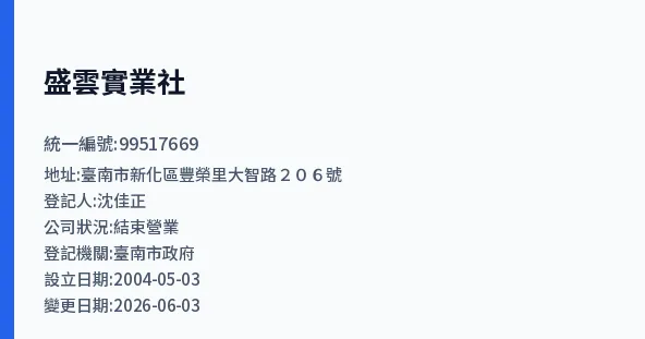 盛雲實業社的照片-統編 99517669(臺南市) 公司登記資料與營業項目詳細圖表