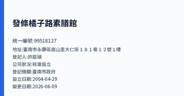 發條橘子路素膳館的照片-統編 99518127(臺南市) 公司登記資料與營業項目詳細圖表