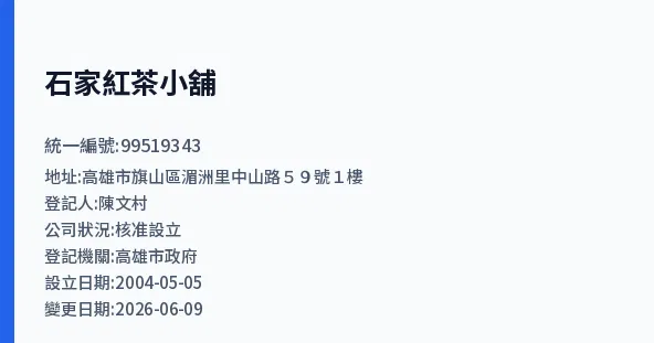 石家紅茶小舖的照片-統編 99519343(高雄市) 公司登記資料與營業項目詳細圖表