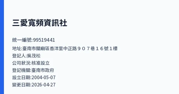 三愛寬頻資訊社的照片-統編 99519441(臺南市) 公司登記資料與營業項目詳細圖表