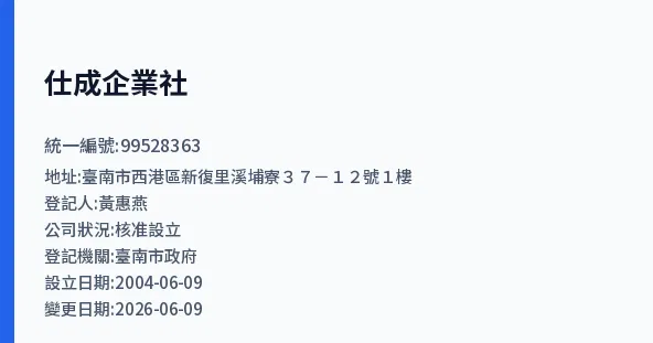 仕成企業社的照片-統編 99528363(臺南市) 公司登記資料與營業項目詳細圖表