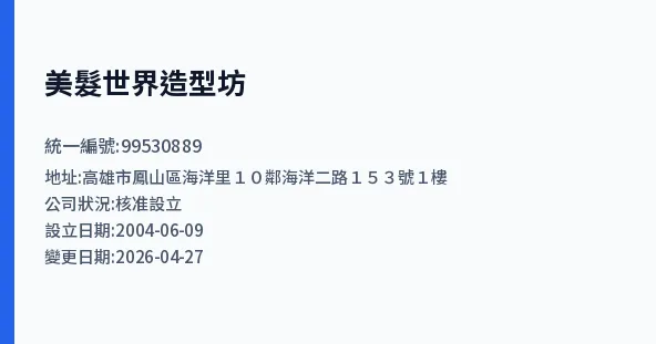美髮世界造型坊的照片-統編 99530889(高雄市) 公司登記資料與營業項目詳細圖表