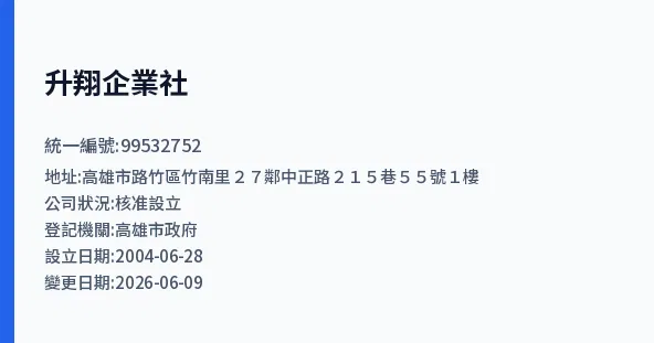 升翔企業社的照片-統編 99532752(高雄市) 公司登記資料與營業項目詳細圖表