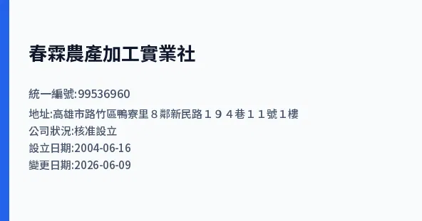 春霖農產加工實業社的照片-統編 99536960(高雄市) 公司登記資料與營業項目詳細圖表