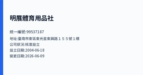 明展體育用品社的照片-統編 99537187(臺南市) 公司登記資料與營業項目詳細圖表
