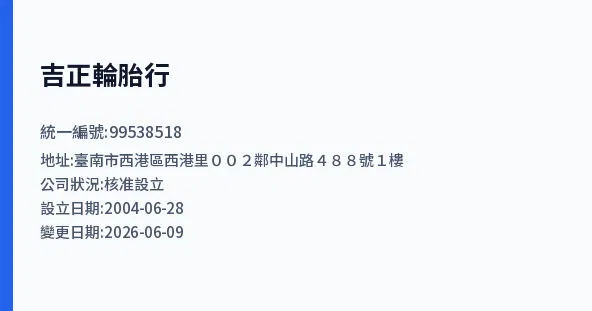 吉正輪胎行的照片-統編 99538518(臺南市) 公司登記資料與營業項目詳細圖表
