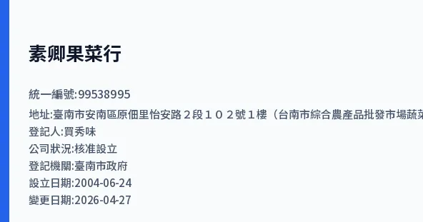 素卿果菜行的照片-統編 99538995(臺南市) 公司登記資料與營業項目詳細圖表