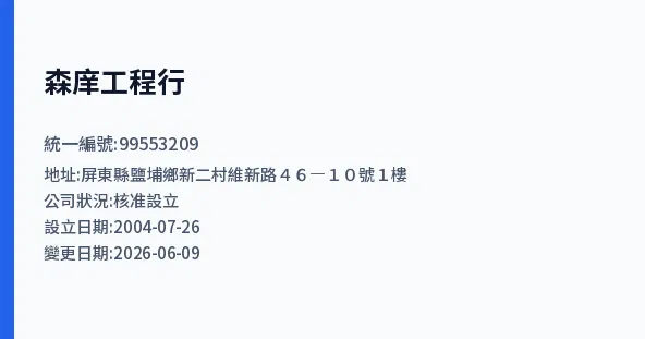 森庠工程行的照片-統編 99553209(屏東縣) 公司登記資料與營業項目詳細圖表