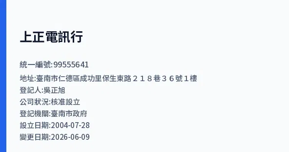 上正電訊行的照片-統編 99555641(臺南市) 公司登記資料與營業項目詳細圖表