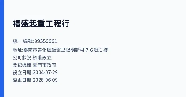 福盛起重工程行的照片-統編 99556661(臺南市) 公司登記資料與營業項目詳細圖表