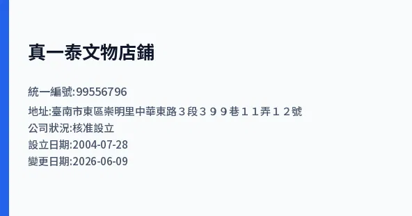 真一泰文物店鋪的照片-統編 99556796(臺南市) 公司登記資料與營業項目詳細圖表