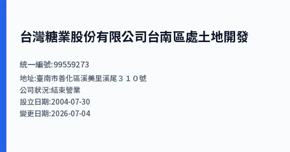 台灣糖業股份有限公司台南區處土地開發的照片-統編 99559273(臺南市) 公司登記資料與營業項目詳細圖表
