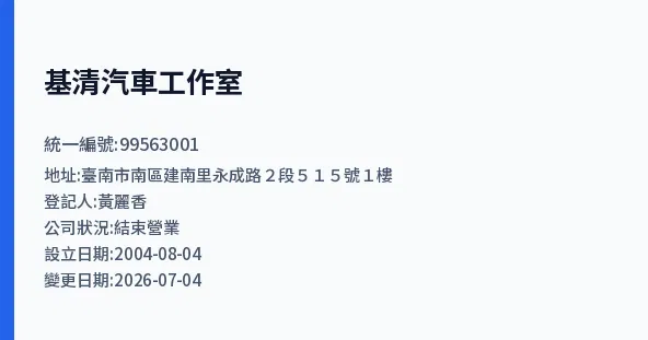 基清汽車工作室的照片-統編 99563001(臺南市) 公司登記資料與營業項目詳細圖表