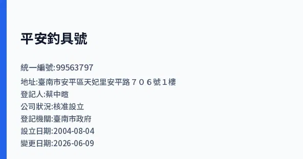 平安釣具號的照片-統編 99563797(臺南市) 公司登記資料與營業項目詳細圖表