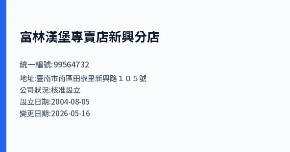 富林漢堡專賣店新興分店的照片-統編 99564732(臺南市) 公司登記資料與營業項目詳細圖表