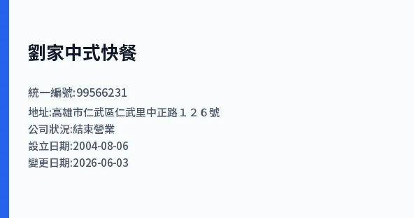 劉家中式快餐的照片-統編 99566231(高雄市) 公司登記資料與營業項目詳細圖表