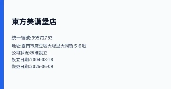 東方美漢堡店的照片-統編 99572753(臺南市) 公司登記資料與營業項目詳細圖表