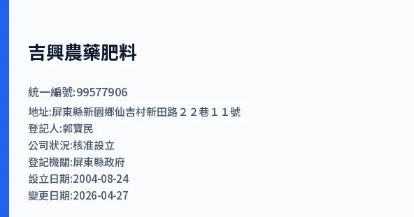 吉興農藥肥料的照片-統編 99577906(屏東縣) 公司登記資料與營業項目詳細圖表