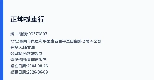 正坤機車行的照片-統編 99579897(臺南市) 公司登記資料與營業項目詳細圖表