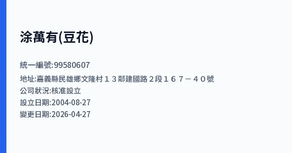 涂萬有(豆花)的照片-統編 99580607(嘉義縣) 公司登記資料與營業項目詳細圖表