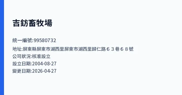 吉鈁畜牧場的照片-統編 99580732(屏東縣) 公司登記資料與營業項目詳細圖表