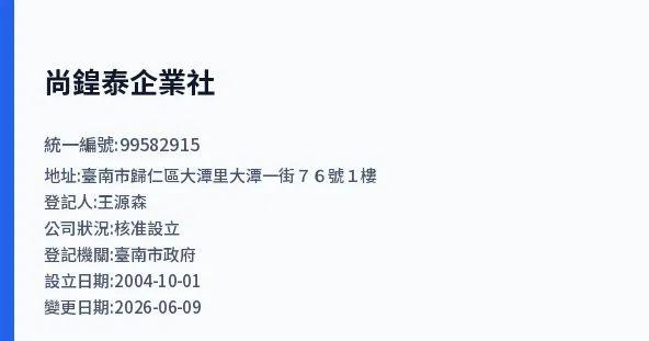 尚鍠泰企業社的照片-統編 99582915(臺南市) 公司登記資料與營業項目詳細圖表
