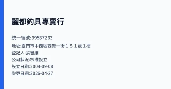 麗都釣具專賣行的照片-統編 99587263(臺南市) 公司登記資料與營業項目詳細圖表