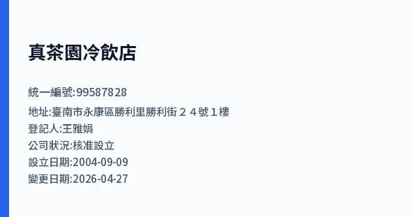 真茶園冷飲店的照片-統編 99587828(臺南市) 公司登記資料與營業項目詳細圖表