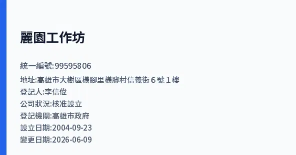 麗園工作坊的照片-統編 99595806(高雄市) 公司登記資料與營業項目詳細圖表