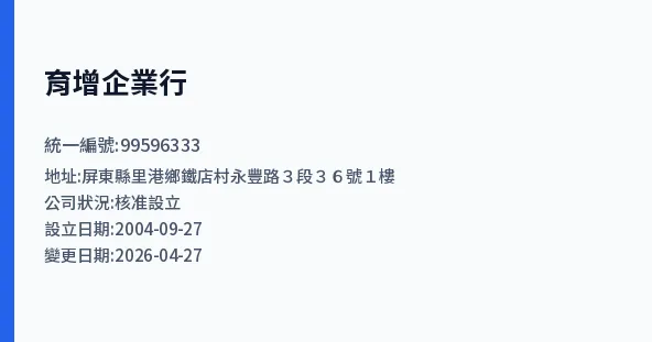 育增企業行的照片-統編 99596333(屏東縣) 公司登記資料與營業項目詳細圖表