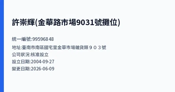 許崇輝(金華路市場9031號攤位)的照片-統編 99596848(臺南市) 公司登記資料與營業項目詳細圖表