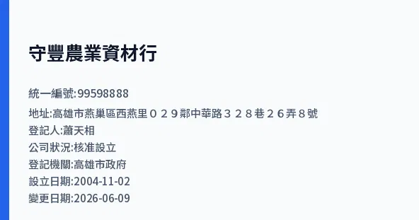 守豐農業資材行的照片-統編 99598888(高雄市) 公司登記資料與營業項目詳細圖表