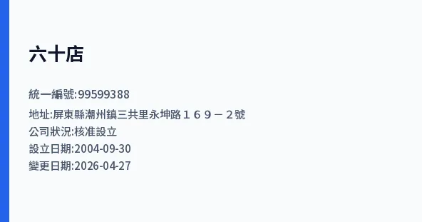 六十店的照片-統編 99599388(屏東縣) 公司登記資料與營業項目詳細圖表