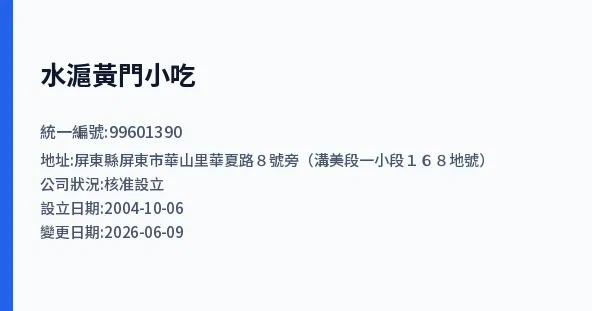 水滬黃門小吃的照片-統編 99601390(屏東縣) 公司登記資料與營業項目詳細圖表