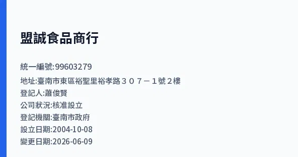 盟誠食品商行的照片-統編 99603279(臺南市) 公司登記資料與營業項目詳細圖表