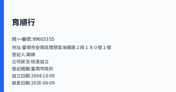 育順行的照片-統編 99603355(臺南市) 公司登記資料與營業項目詳細圖表