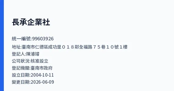 長承企業社的照片-統編 99603926(臺南市) 公司登記資料與營業項目詳細圖表