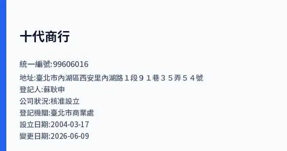 十代商行的照片-統編 99606016(臺北市) 公司登記資料與營業項目詳細圖表