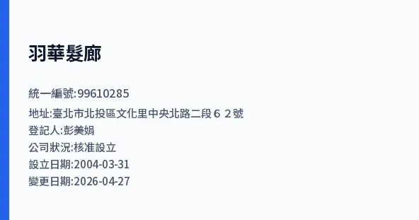 羽華髮廊的照片-統編 99610285(臺北市) 公司登記資料與營業項目詳細圖表