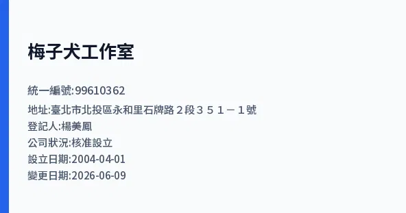 梅子犬工作室的照片-統編 99610362(臺北市) 公司登記資料與營業項目詳細圖表