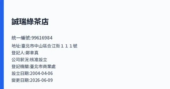 誠瑞綠茶店的照片-統編 99616984(臺北市) 公司登記資料與營業項目詳細圖表
