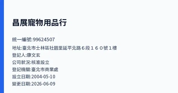昌展寵物用品行的照片-統編 99624507(臺北市) 公司登記資料與營業項目詳細圖表
