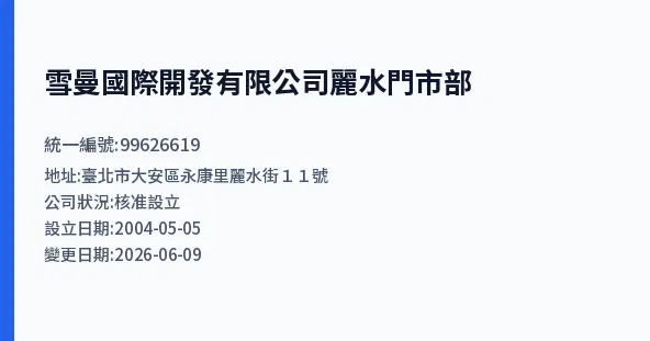 雪曼國際開發有限公司麗水門市部的照片-統編 99626619(臺北市) 公司登記資料與營業項目詳細圖表